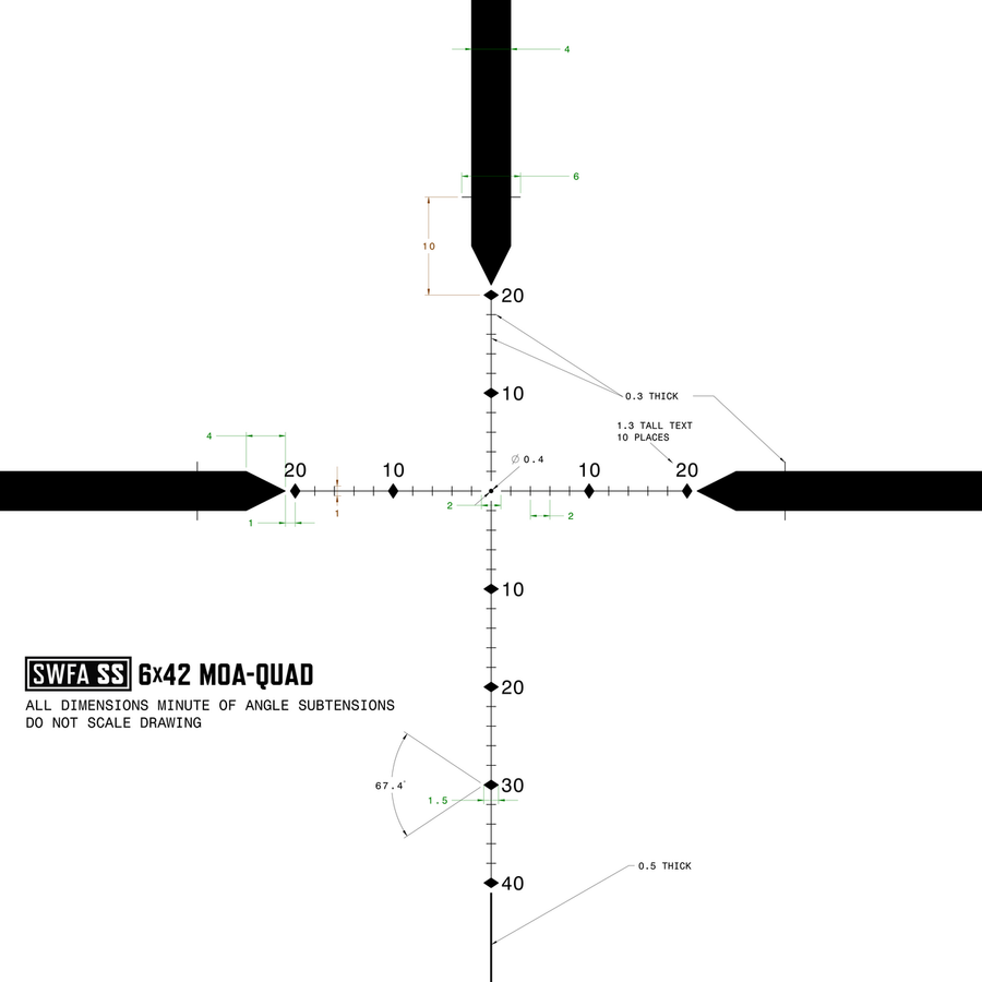 SWFA 6x42 SS - MOA-Quad Reticle, 30mm, .25 MOA Clicks, Rear Focus